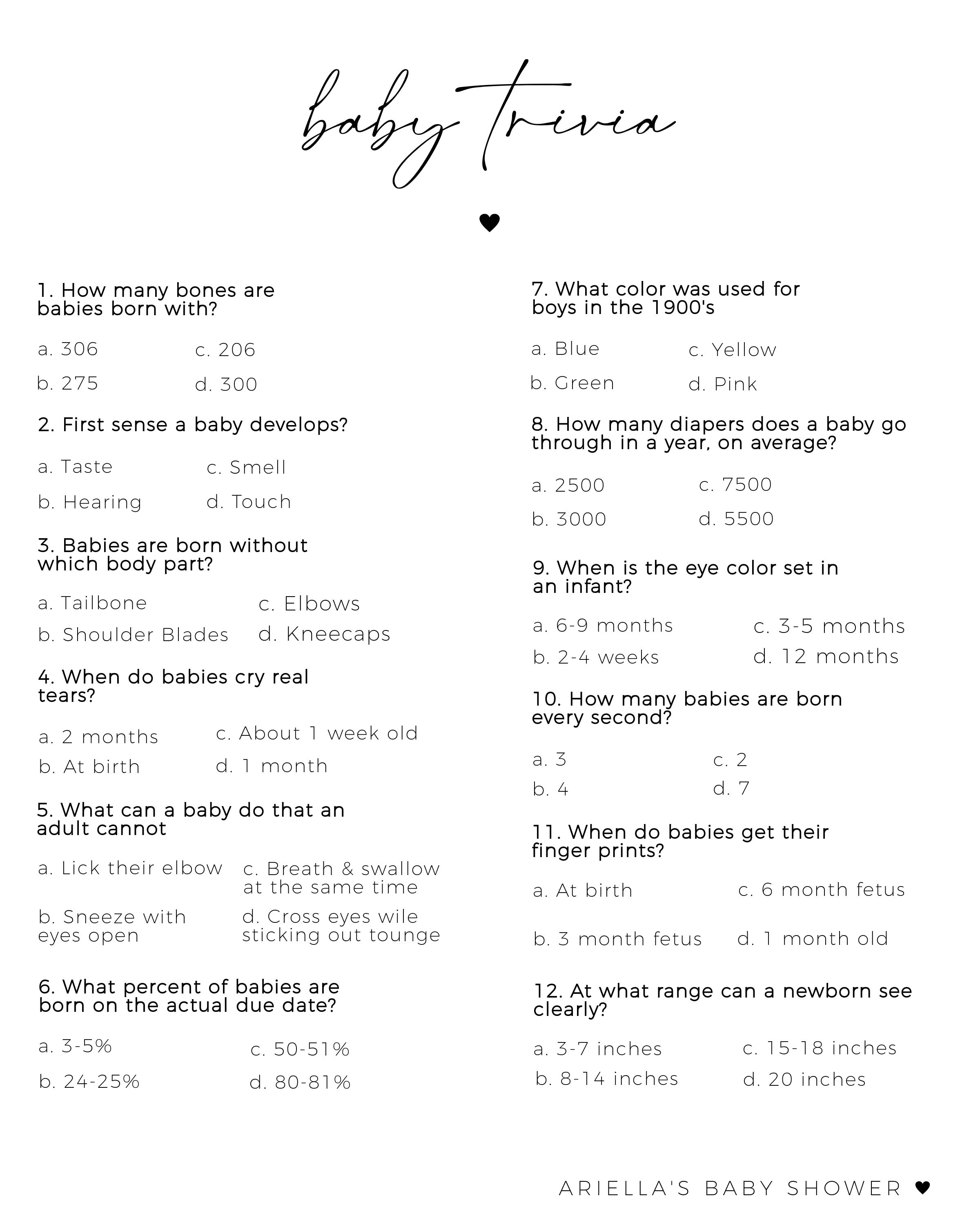 Baby Trivia Fun Baby Shower Game Multiple Choice Guess the Answer Group ...