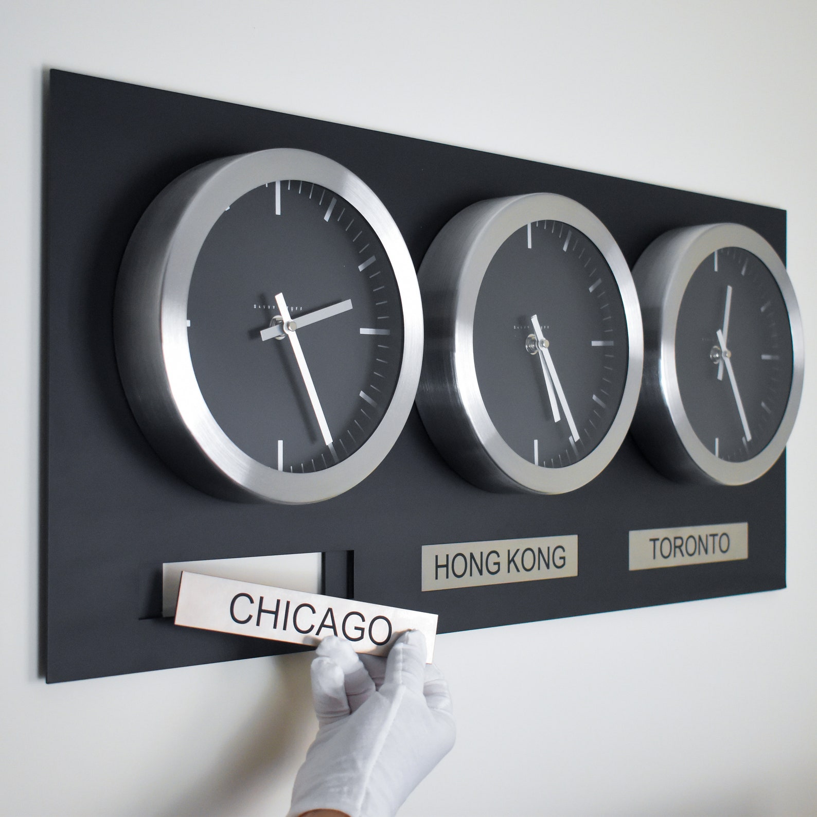 Savvy Stuff Time Zone Clocks-matte Black & Brushed Stainless Steel ...