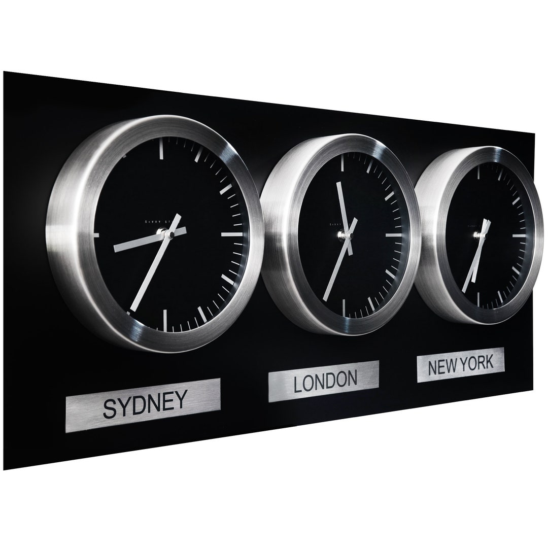 Multi Time Zone Clock: Matte Black & Brushed Stainless Steel Wall Decor ...
