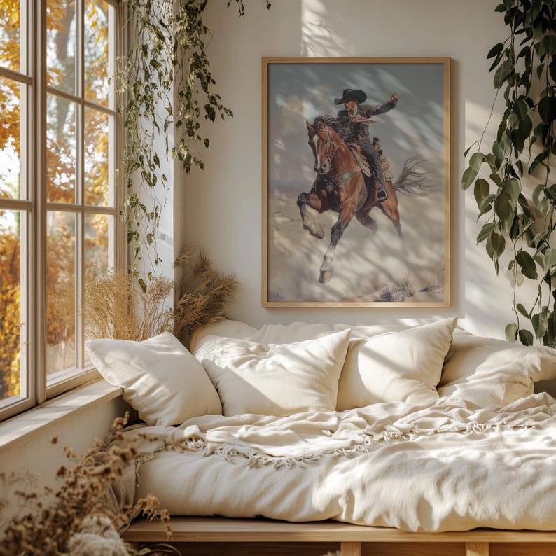 Cowboy cavalgando um cavalo selvagem no deserto - pintura a óleo de ...