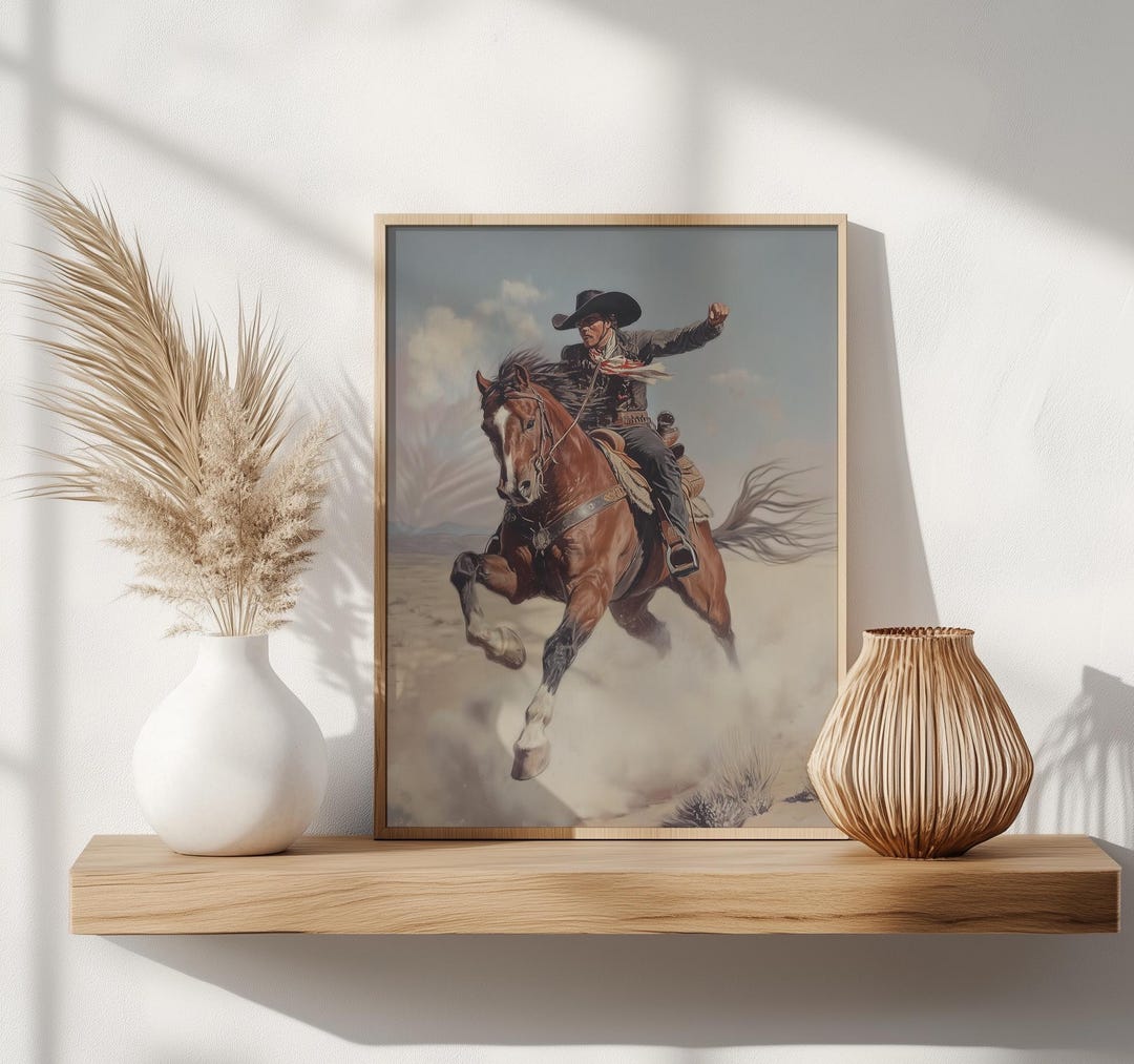 Cowboy cavalgando um cavalo selvagem no deserto - pintura a óleo de ...
