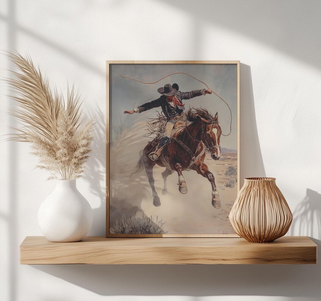 Traditional Cowboy on Bucking Horse - Western Rodeo Oil Painting ...