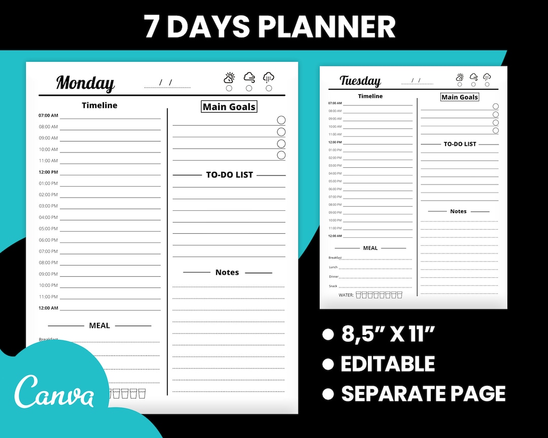 7 Days Planner, Canva Template Printable PDF Weekly Planner | Digital ...