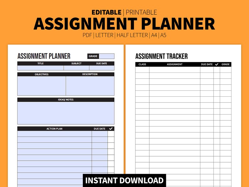 Editable Assignment Tracker, Printable Student Planner, Homework ...