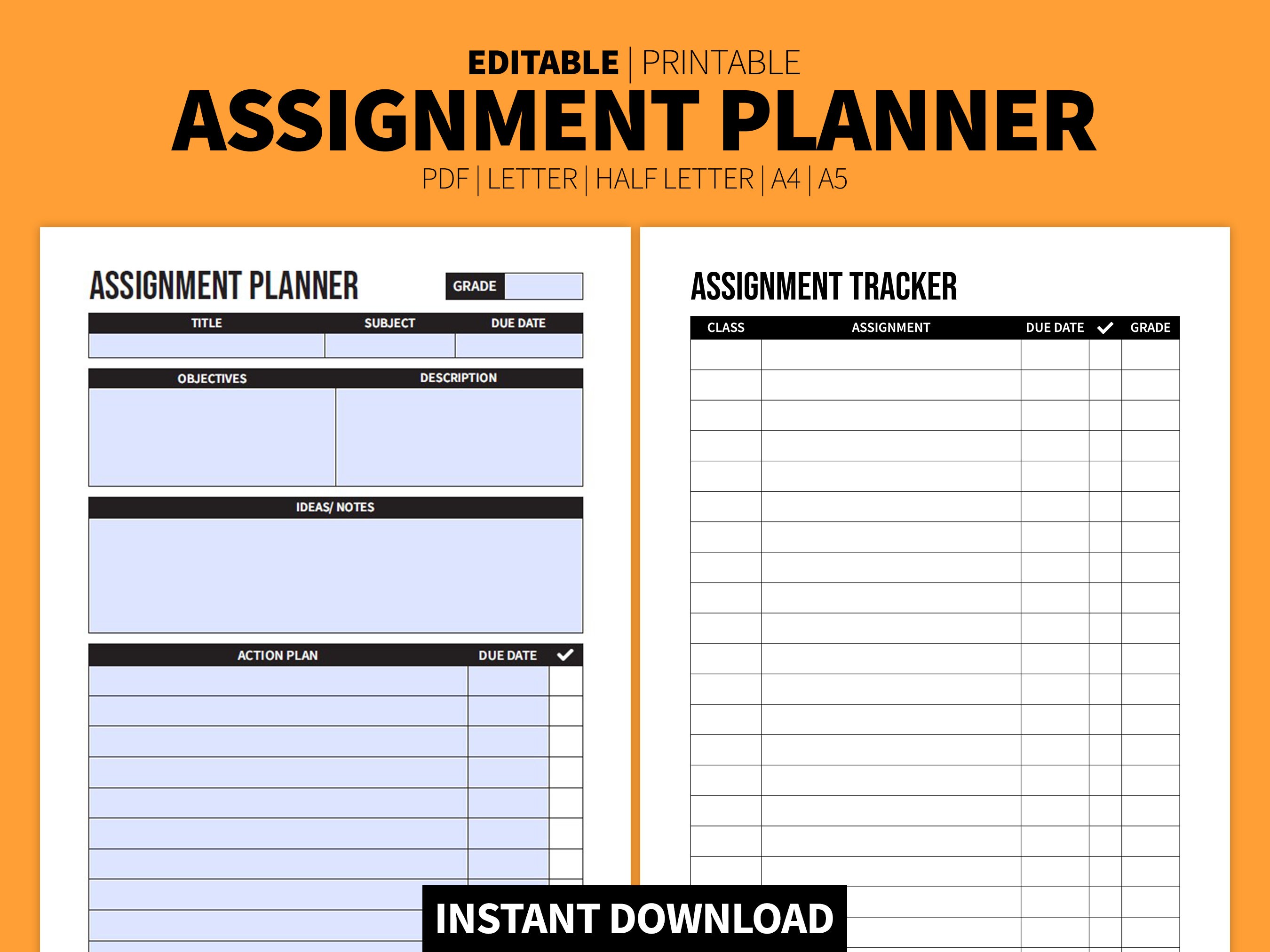Editable Assignment Tracker, Printable Student Planner, Homework ...