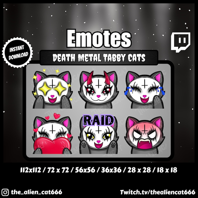 Death Metal Tabby Cat Emotes | Twitch, Youtube, Discord | Set of 6 ...