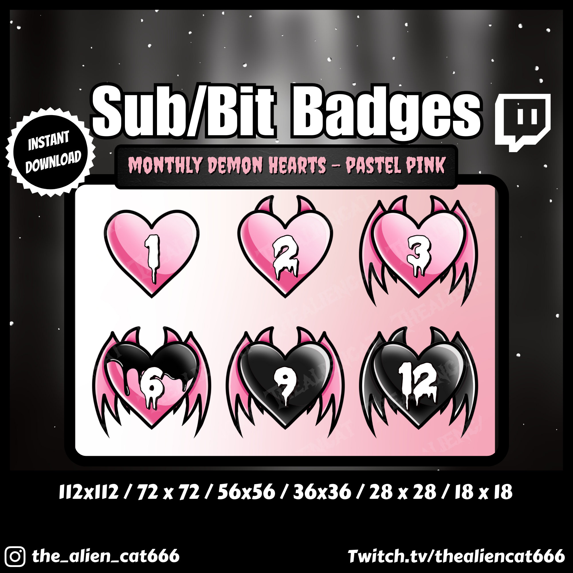 Pastel Pink and Black Demon Heart Badges With Monthly Sub Writing ...