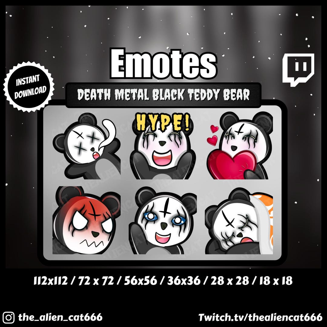 Death Metal Black Teddy Bear Emotes | Twitch, Youtube, Discord | Set of ...