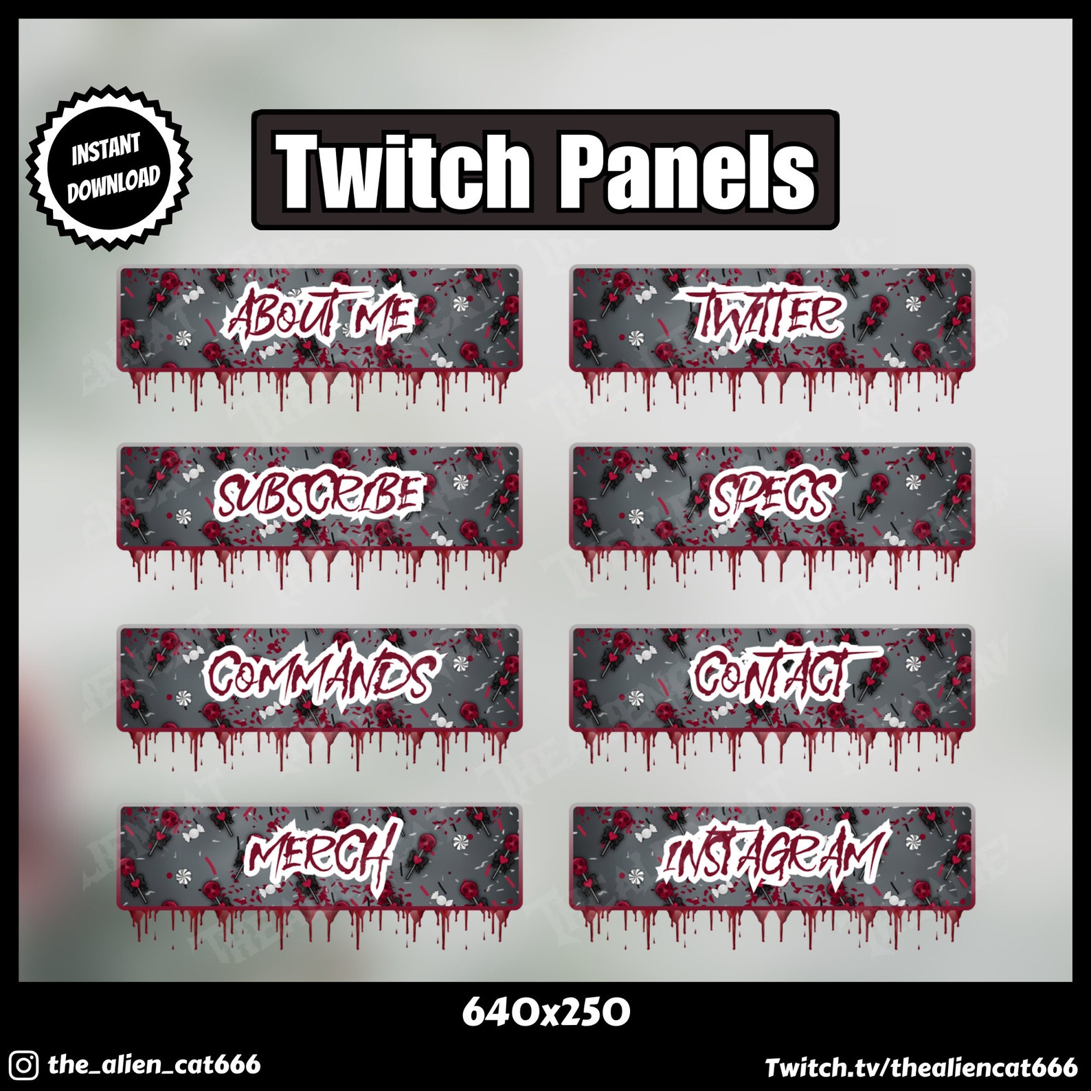 Blood Red Skull Lollipop Panels for Twitch | Set of 32 | 640x250 | Goth ...