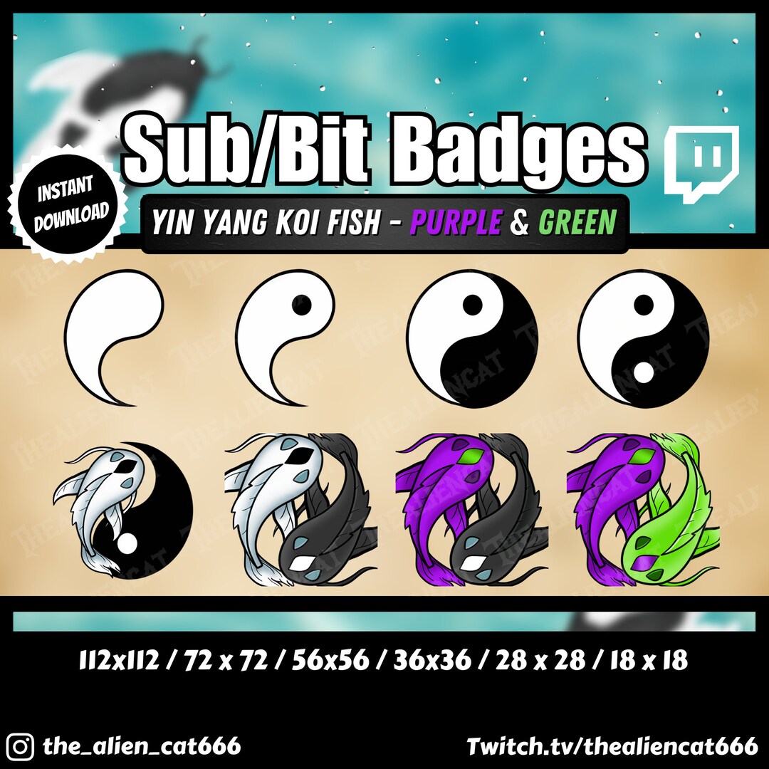 Yin Yang Koi Fish Sub/bit Badges | Green and Purple | Set of 8 | Twitch ...