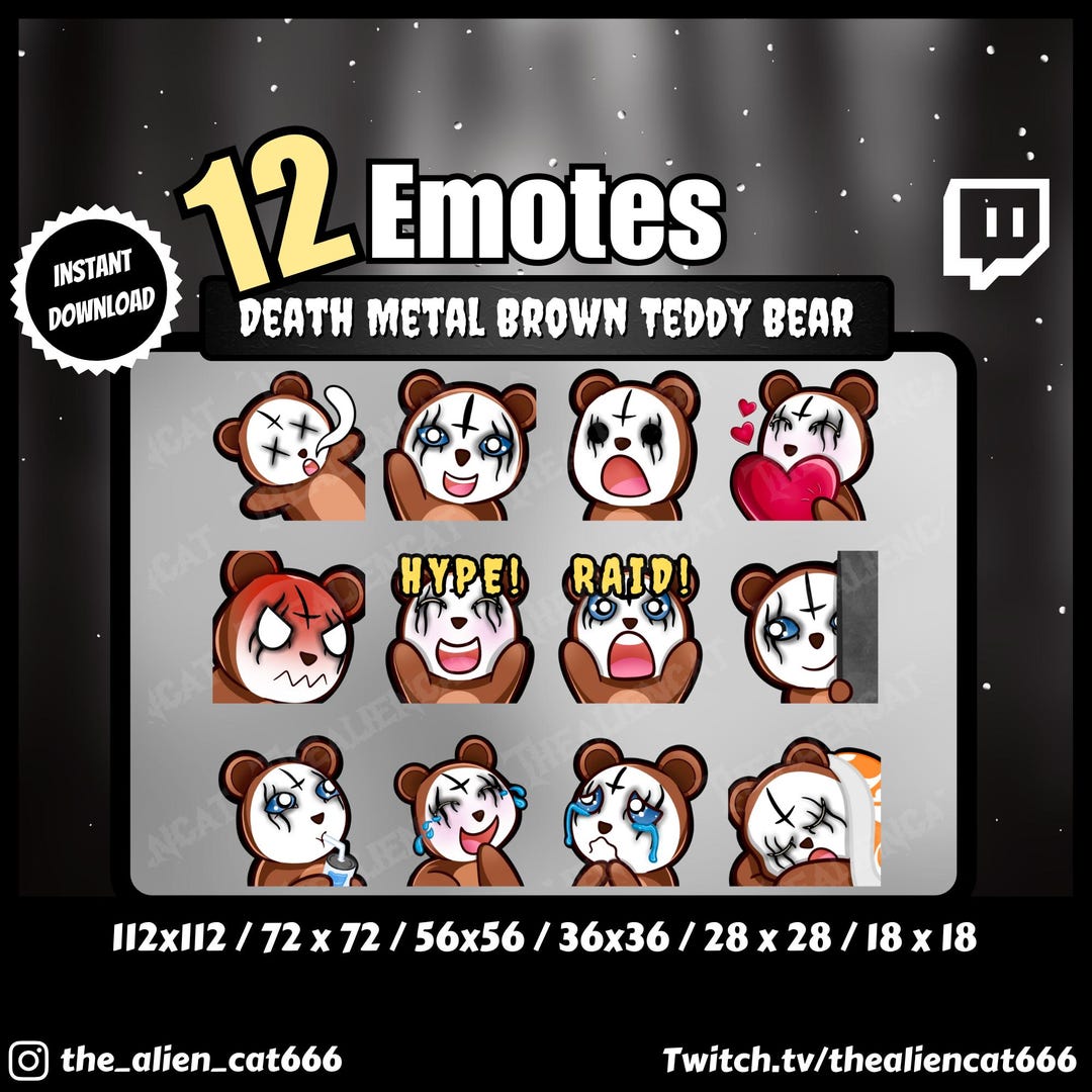 Death Metal Teddy Bear Emotes | Twitch, Youtube, Discord | Set of 12 ...