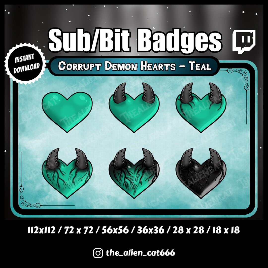 Gothic Corrupt Teal Demon Heart Sub/bit Badges - Twitch, Youtube | Set ...
