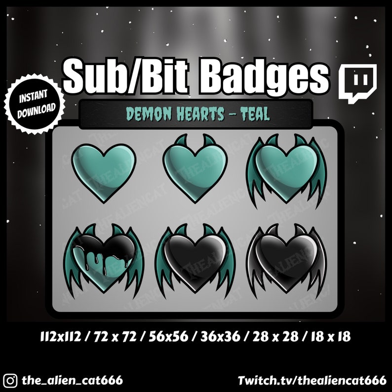 Gothic Black and Teal Demon Heart Sub/bit Badges - Twitch - Etsy