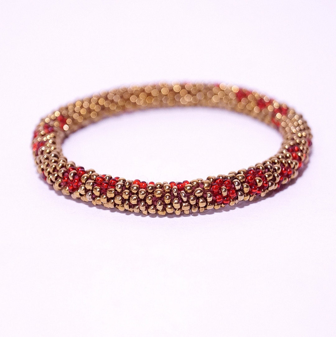 Vibrant Nepalese Glass Bead Bracelets Gold Red Roll-on Crochet Bangles ...