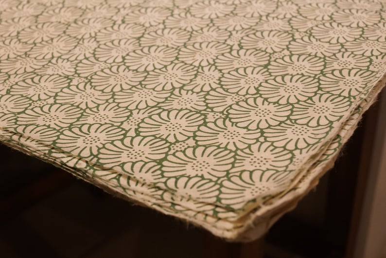 Handmade Lokta Wrapping Paper Screen-printed Green Flowers Natural ...