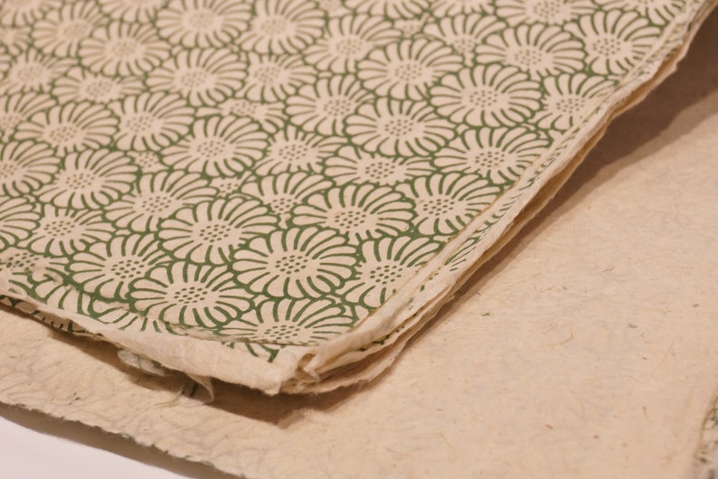 Handmade Lokta Wrapping Paper Screen-printed Green Flowers Natural ...