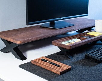 Set Solid Oak Monitor Stand Custom Size Desk Organiser - Etsy