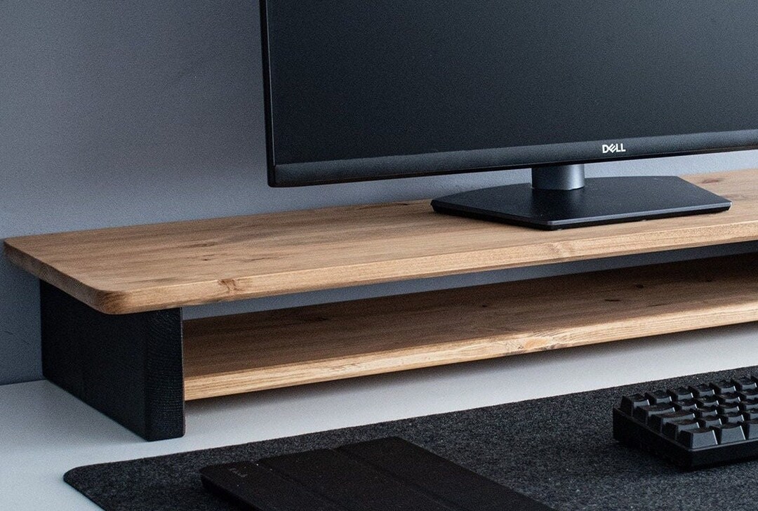 Oak Finish Monitor Stand: Solid Wood Imac Riser With Shelf - Etsy UK