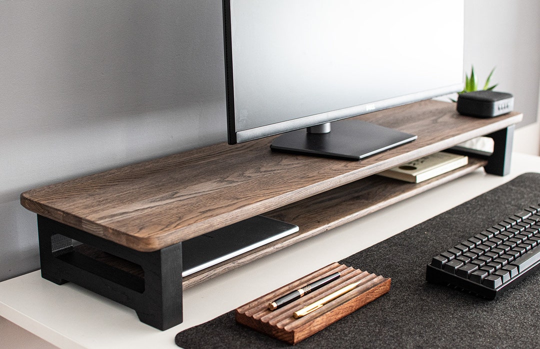 Solid Oak Monitor Stand With Shelf - Black Finish - Custom Size - Etsy