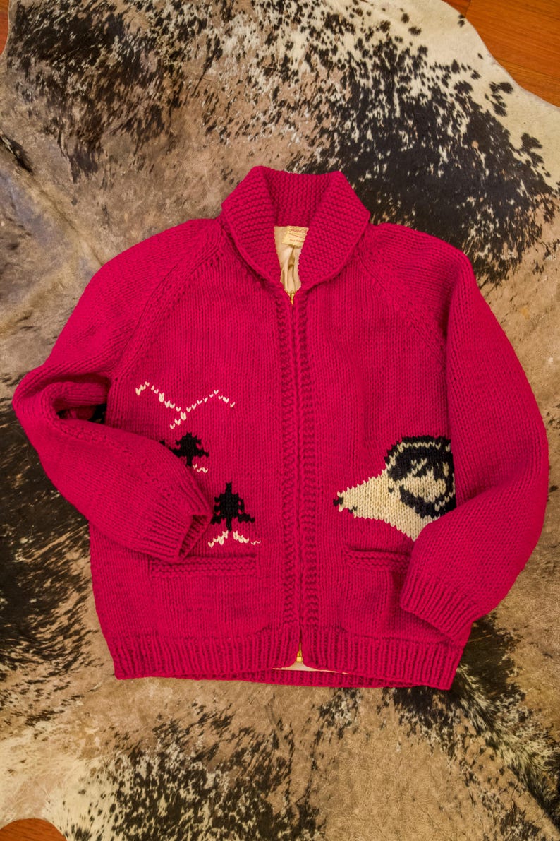 Vintage 1940s 1950s Wool Hand Knit Red Cowichan Cardigan Sweater Talon ...