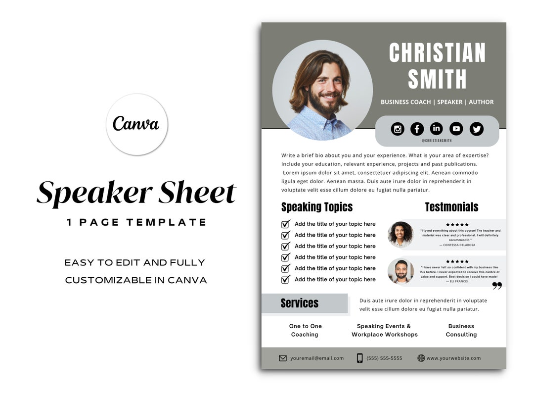 Speaker Sheet | Speaker One Sheet | Keynote Speaker | Speaker Template ...