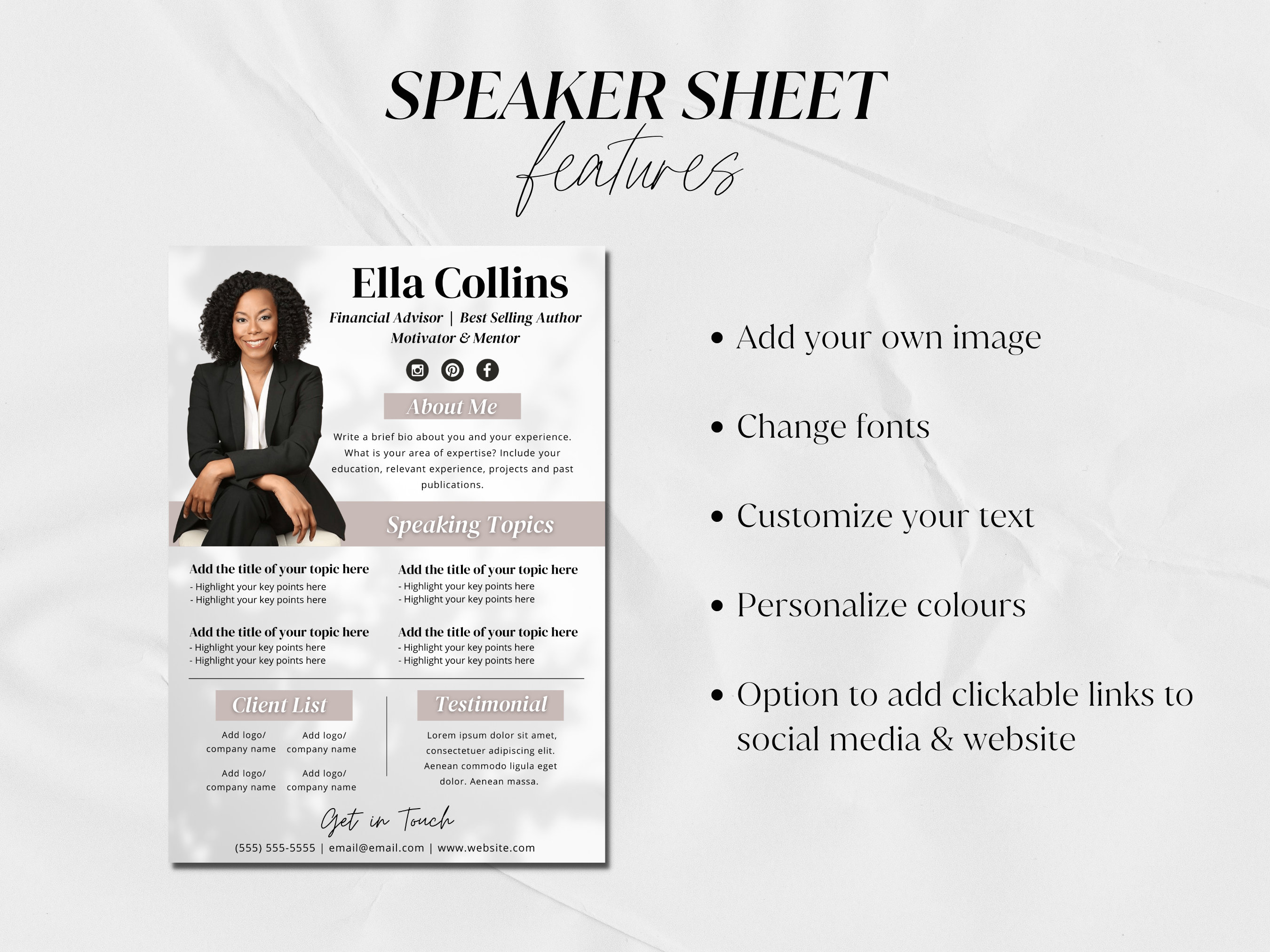 Speaker One Sheet and Digital Business Card Bundle | Speaker Canva ...