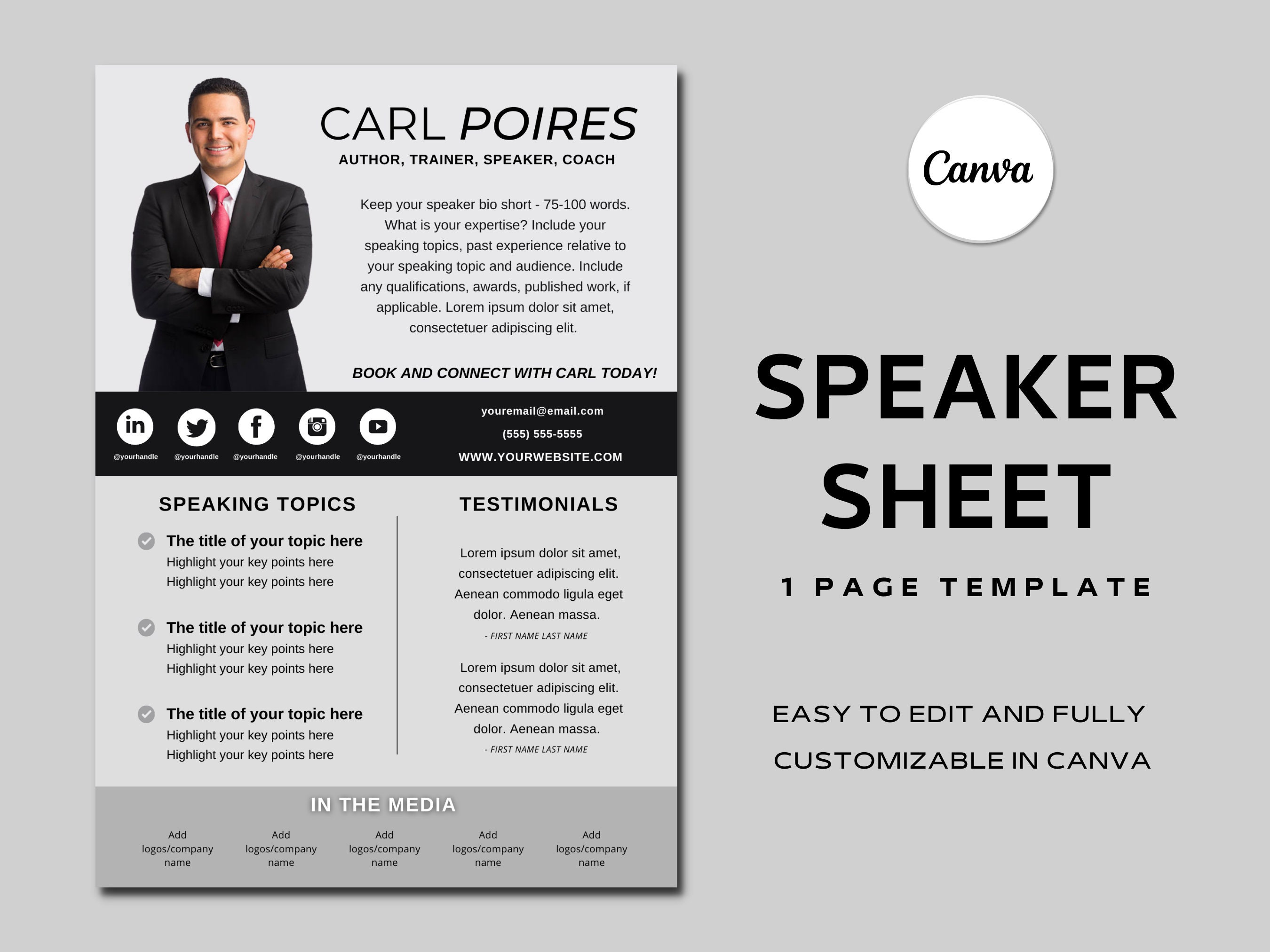 Black & Gray Speaker One Sheet Canva Template | Speaker Sheet | Professional Speaker Bio ...