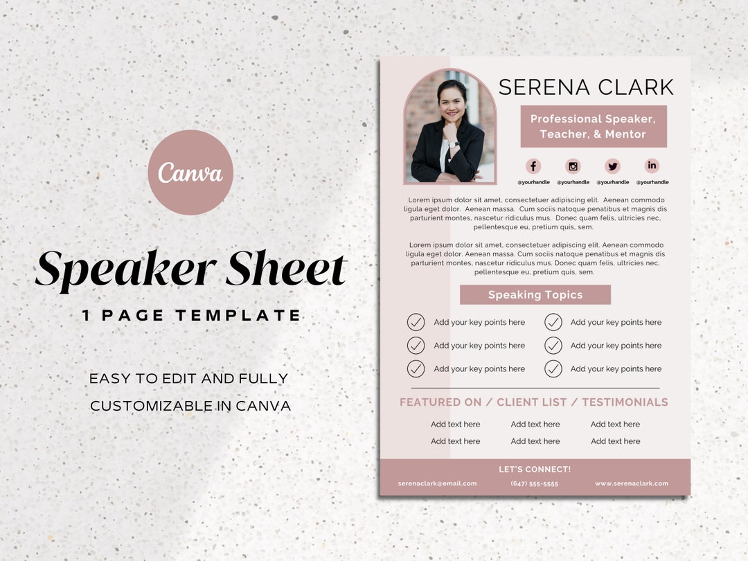 Speaker Sheet | Speaker One Sheet Template | Professional Speaker Sheet ...