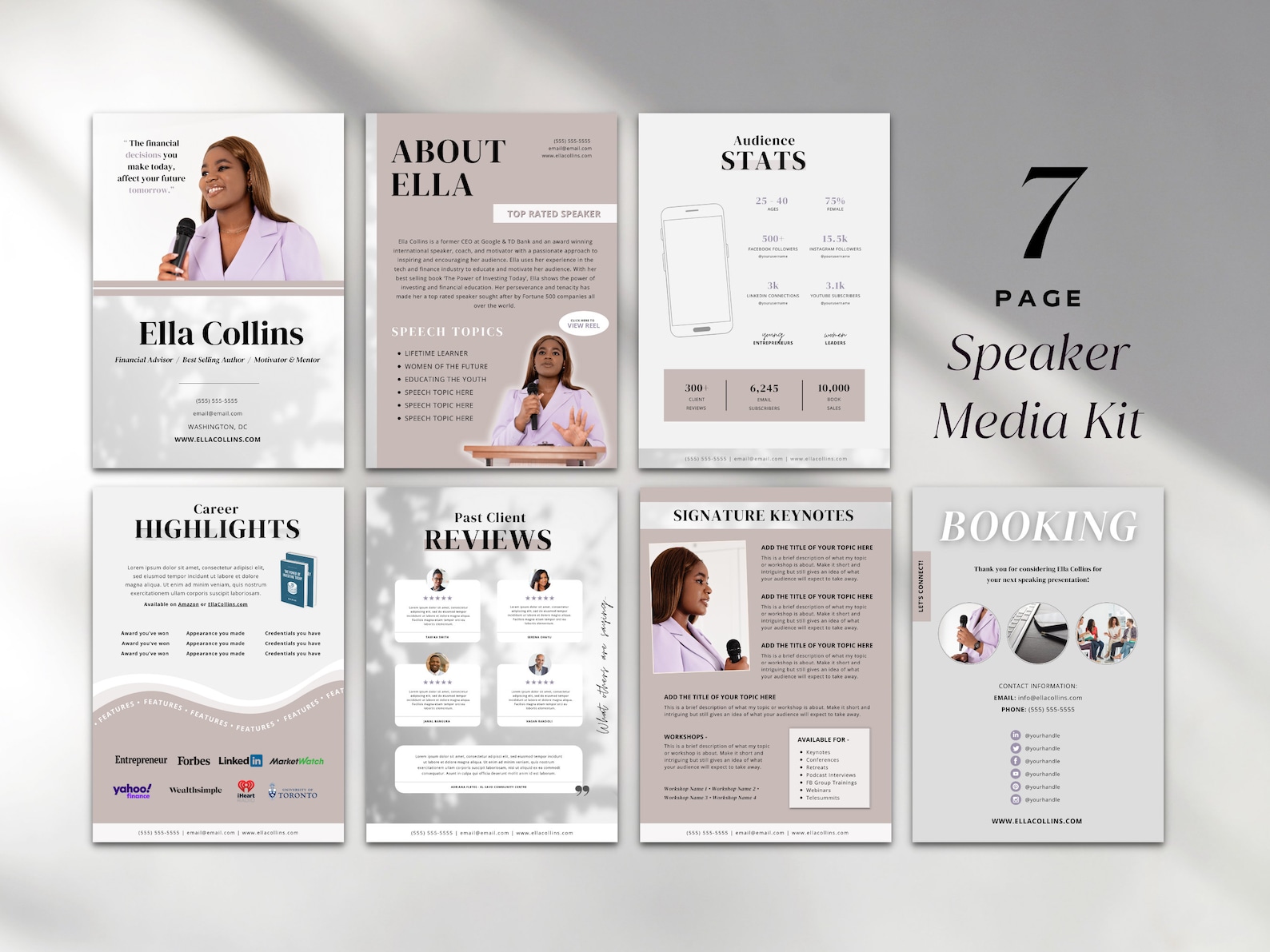 7 Page Speaker Media Kit Template | Press Kit for Keynote Speakers ...