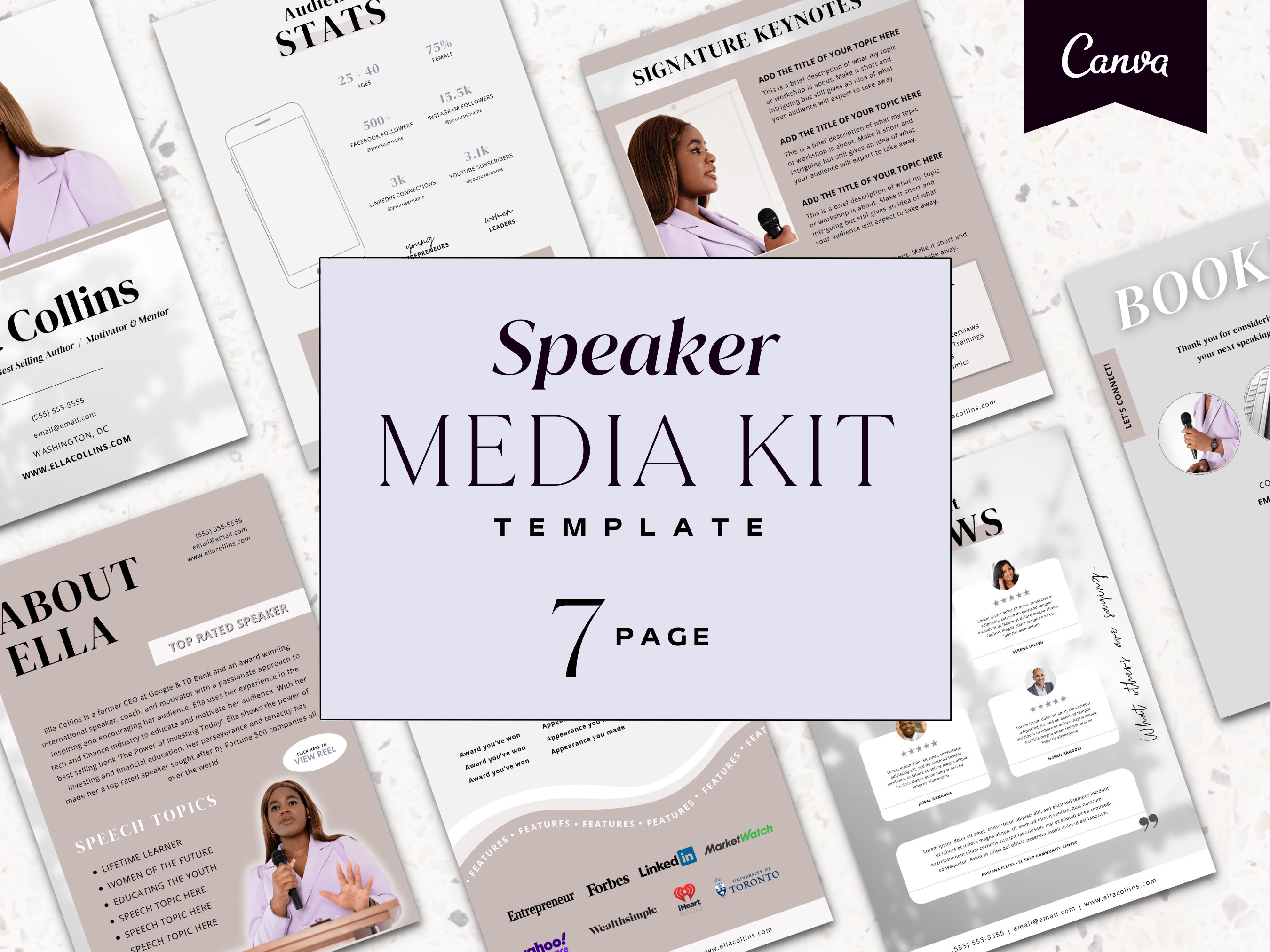 7 Page Speaker Media Kit Template | Press Kit for Keynote Speakers ...