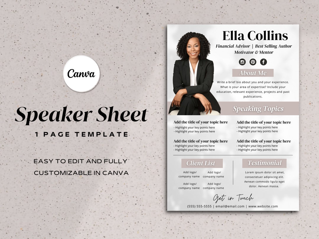 Speaker One Sheet | Speaker Sheet Template Canva | Professional Speaker ... Speaker One Sheet | Speaker Sheet Template Canva | Professional Speaker ...