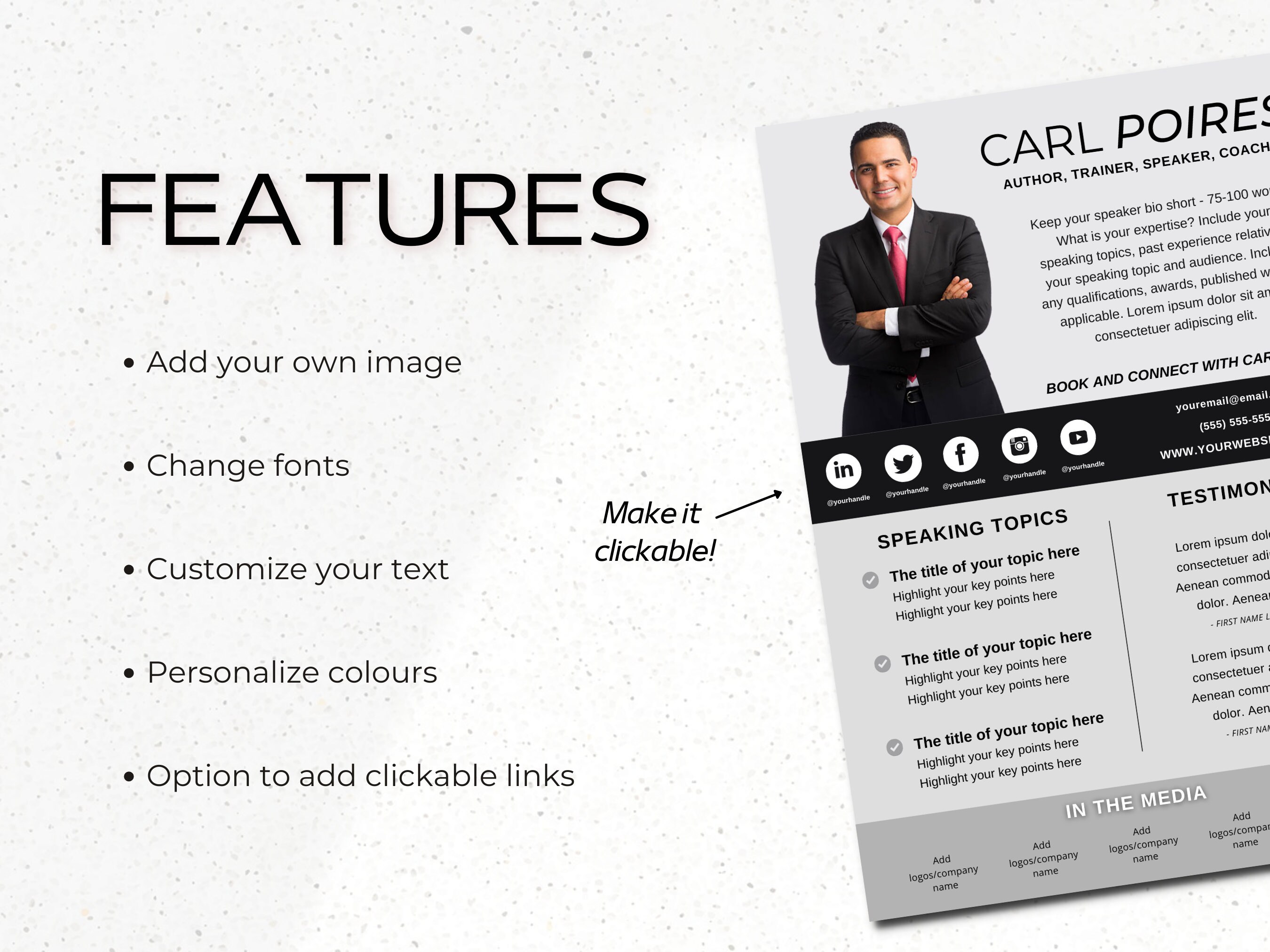 Black & Gray Speaker One Sheet Canva Template | Speaker Sheet ...