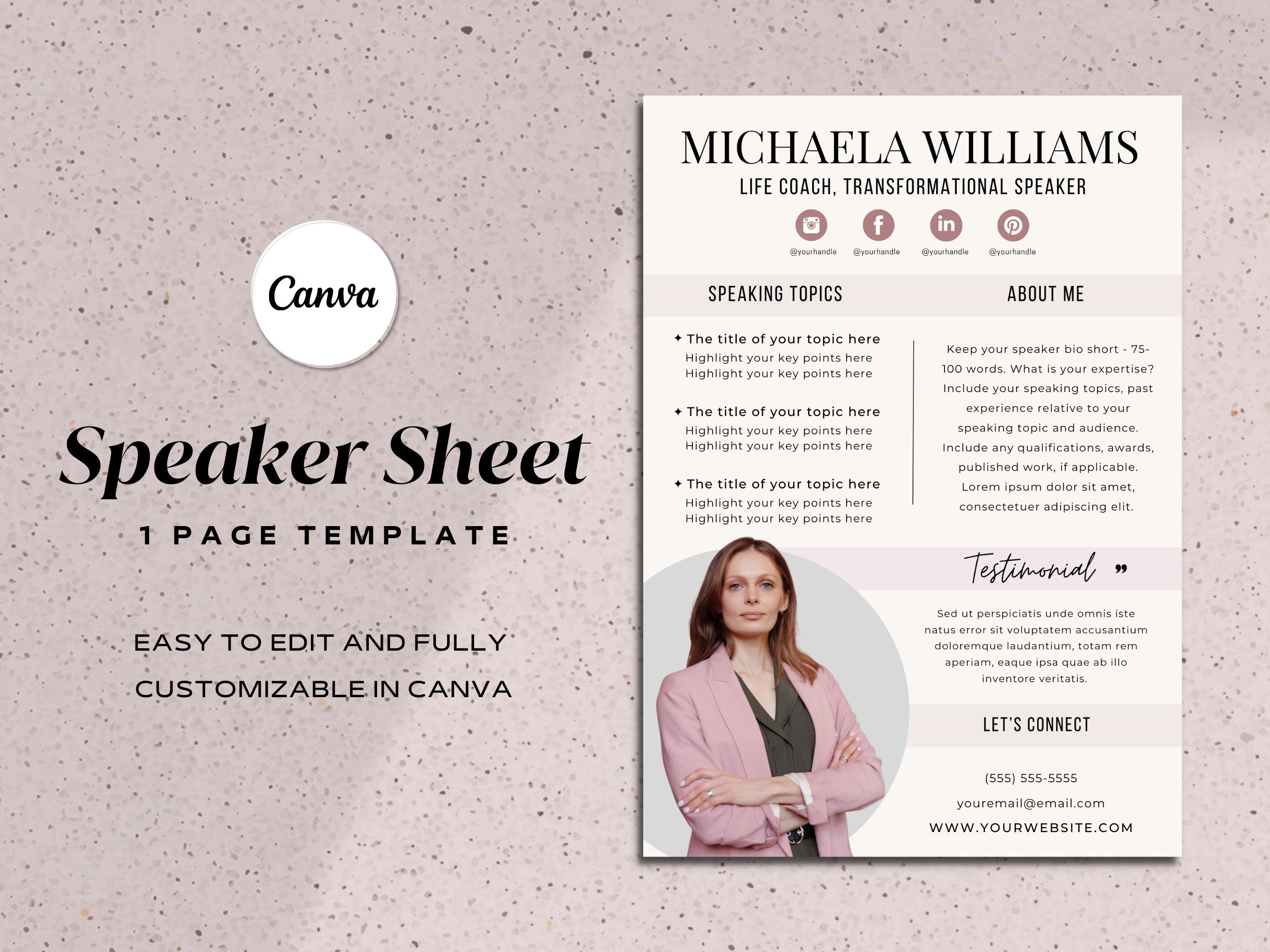 Pink Speaker One Sheet Template | Onesheet Canva | Professional Speaker ...