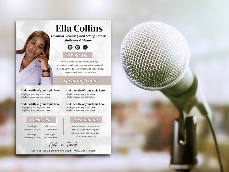 Speaker One Sheet Canva | Speaker Sheet Template | Keynote Speaker ...