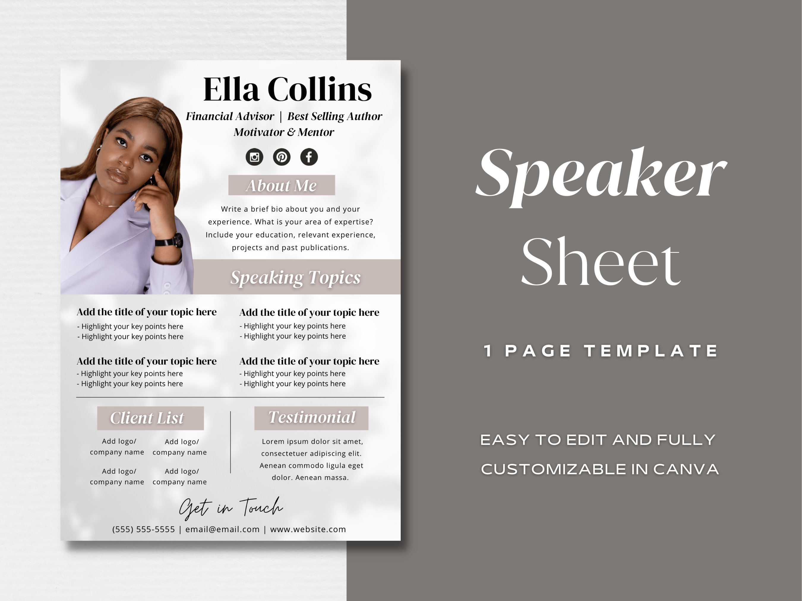 Speaker One Sheet Canva | Speaker Sheet Template | Keynote Speaker ...