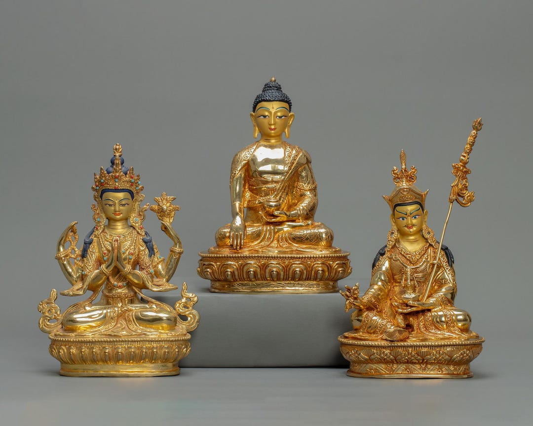 Exquisite Triad of Shakyamuni Buddha, Guru Rinpoche, and Chenrezig I ...