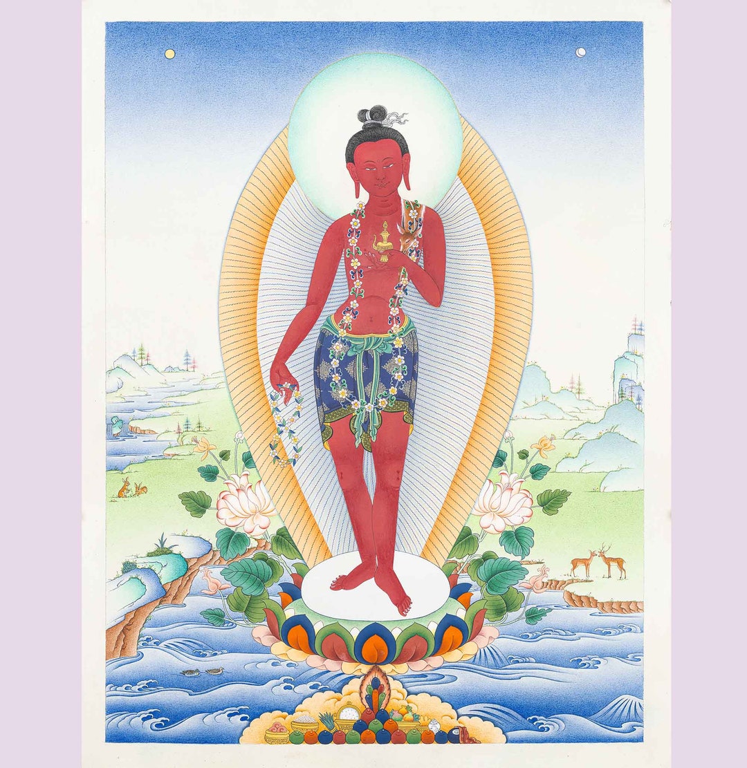 Beautiful Standing Red Chenrezig in Traditional Thangka Painting I ...