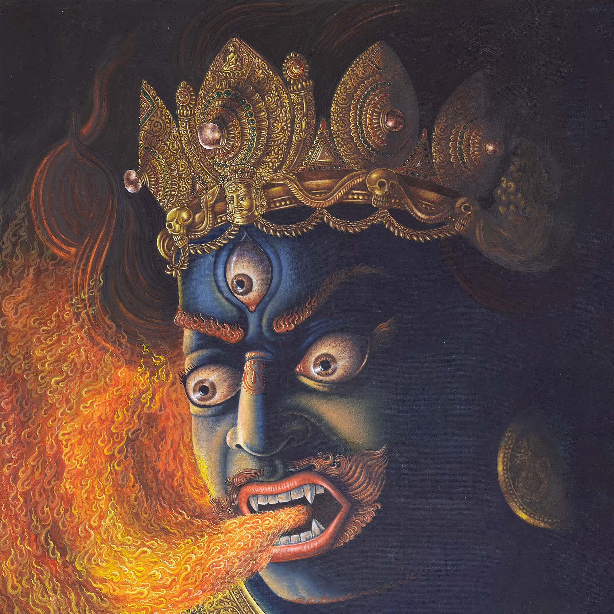 Wrathful Three Eyed Deity Mahakala in Authentic Handpainted Thanka I ...