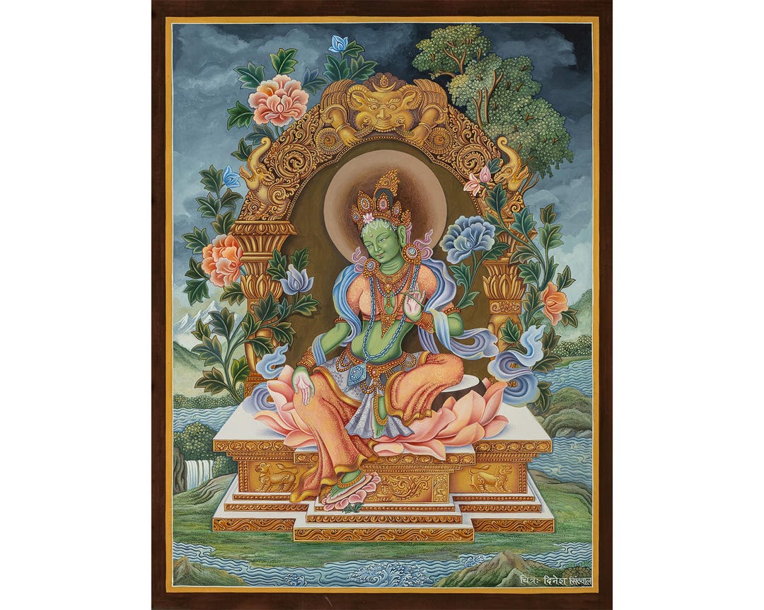 Green Tara in Traditional Newari Thangka Painting I Highly Refined ...