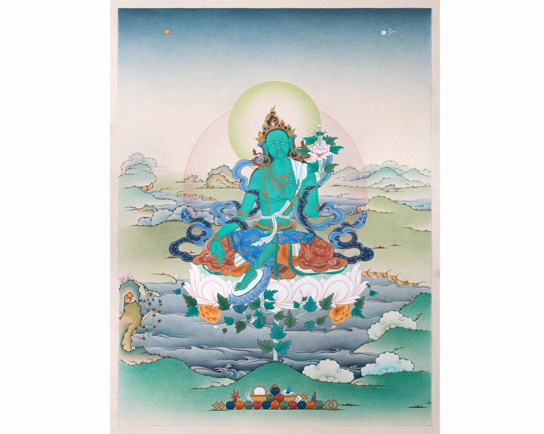 Green Tara in Traditional Thangka Painting, Genuine Gold Applied, Art ...