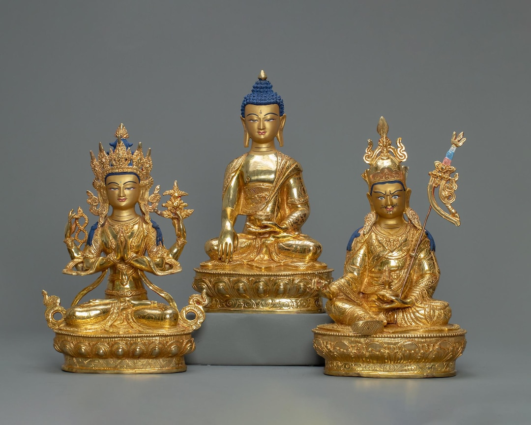 Exquisite Triad of Shakyamuni Buddha, Guru Rinpoche, and Chenrezig I ...