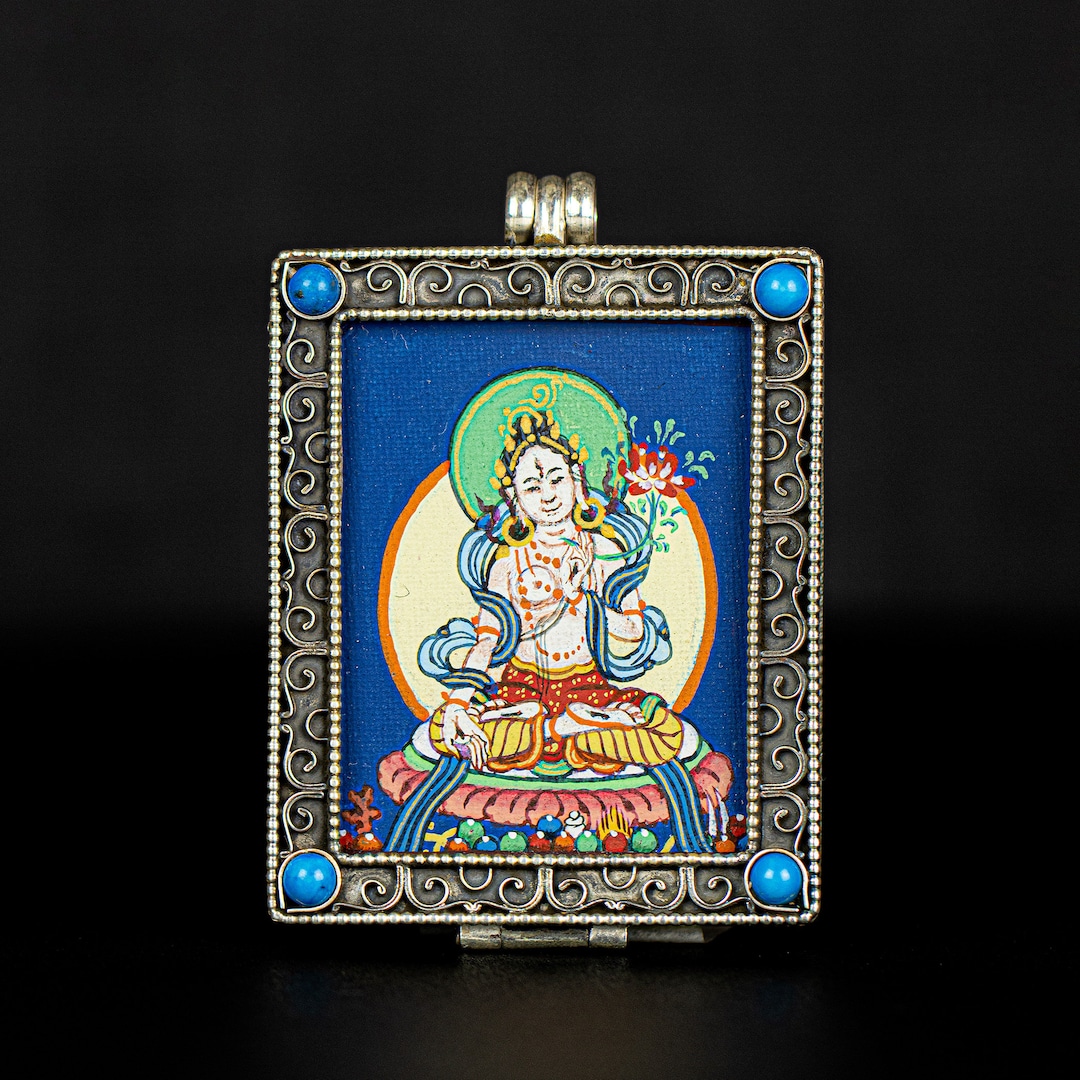 White Tara Thanka: Hand-painted Silver Amulet Gao Box - Etsy