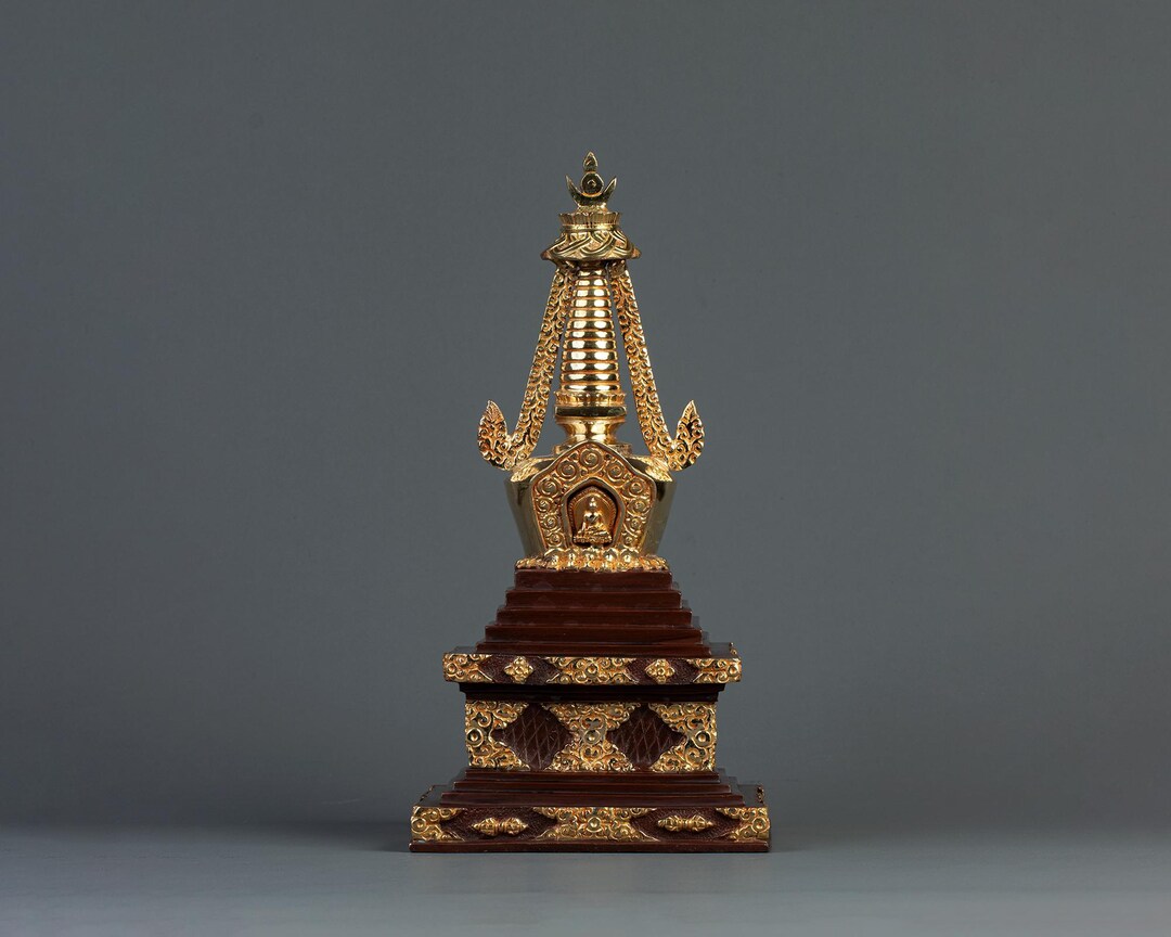 Handcrafted Wooden Stupa: 24K Gold Plated Spiritual Decor (14x32 Cm) - Etsy