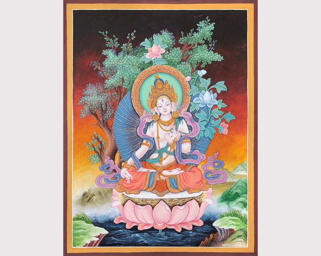White Tara Thanka in Fusion Art of Painting by Nepalese Artists I ...