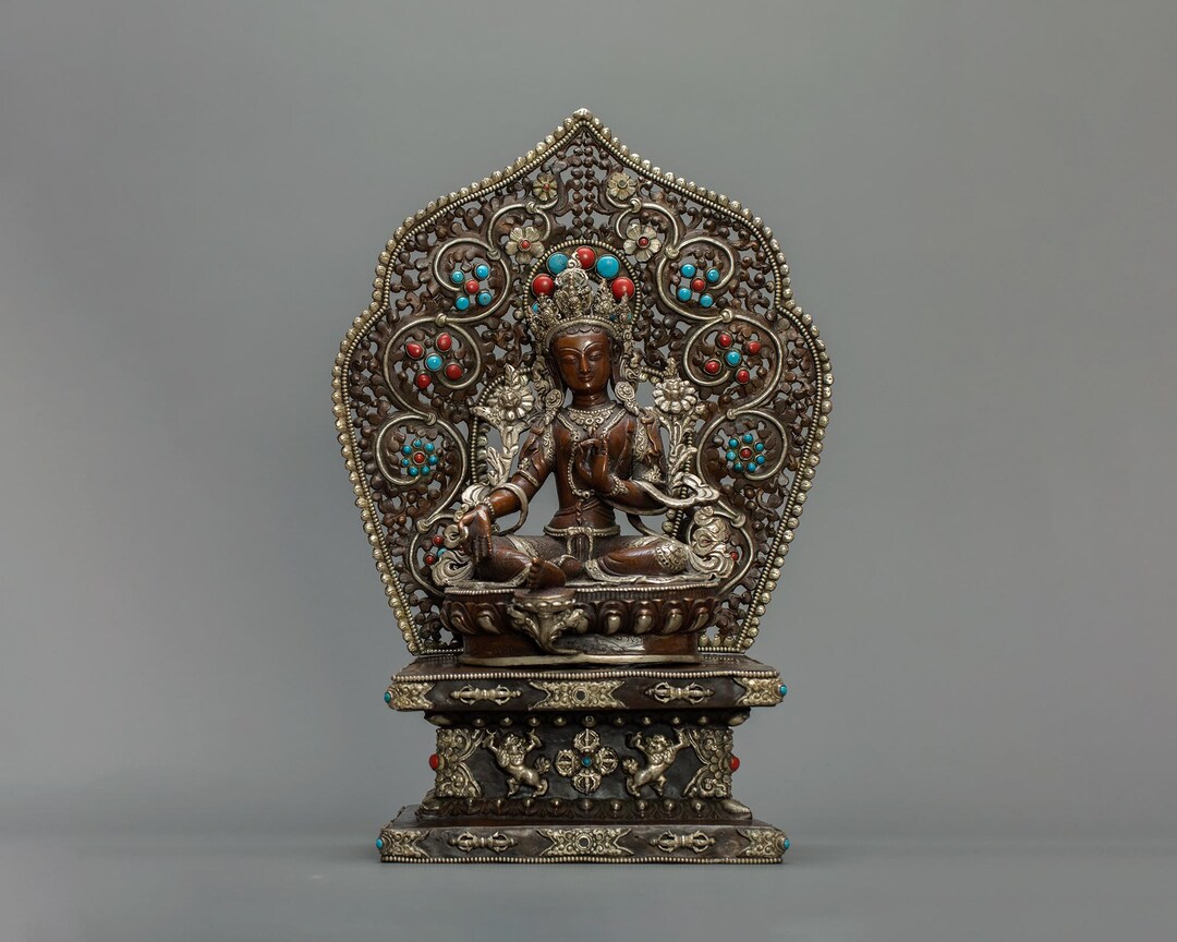 Oxidized Green Tara Statue With Throne I Mother of Compassion and ...