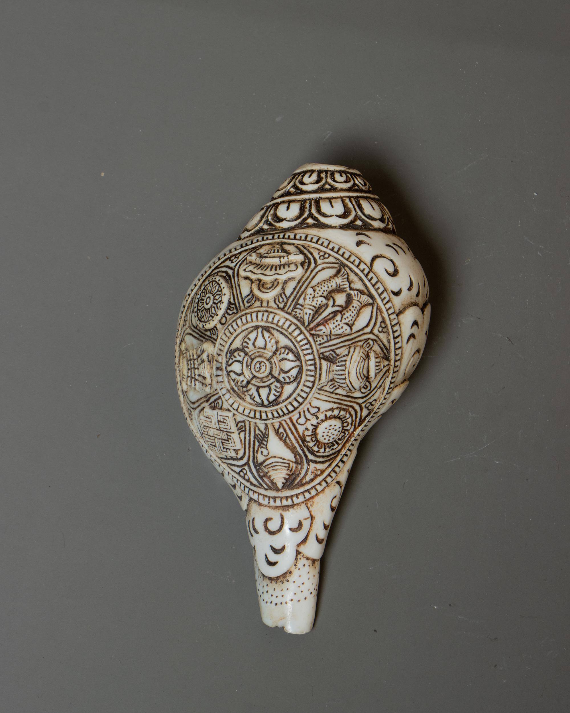 Carved Conch Shell: Auspicious Symbols, Buddhist Ritual Decor (7x10 ...