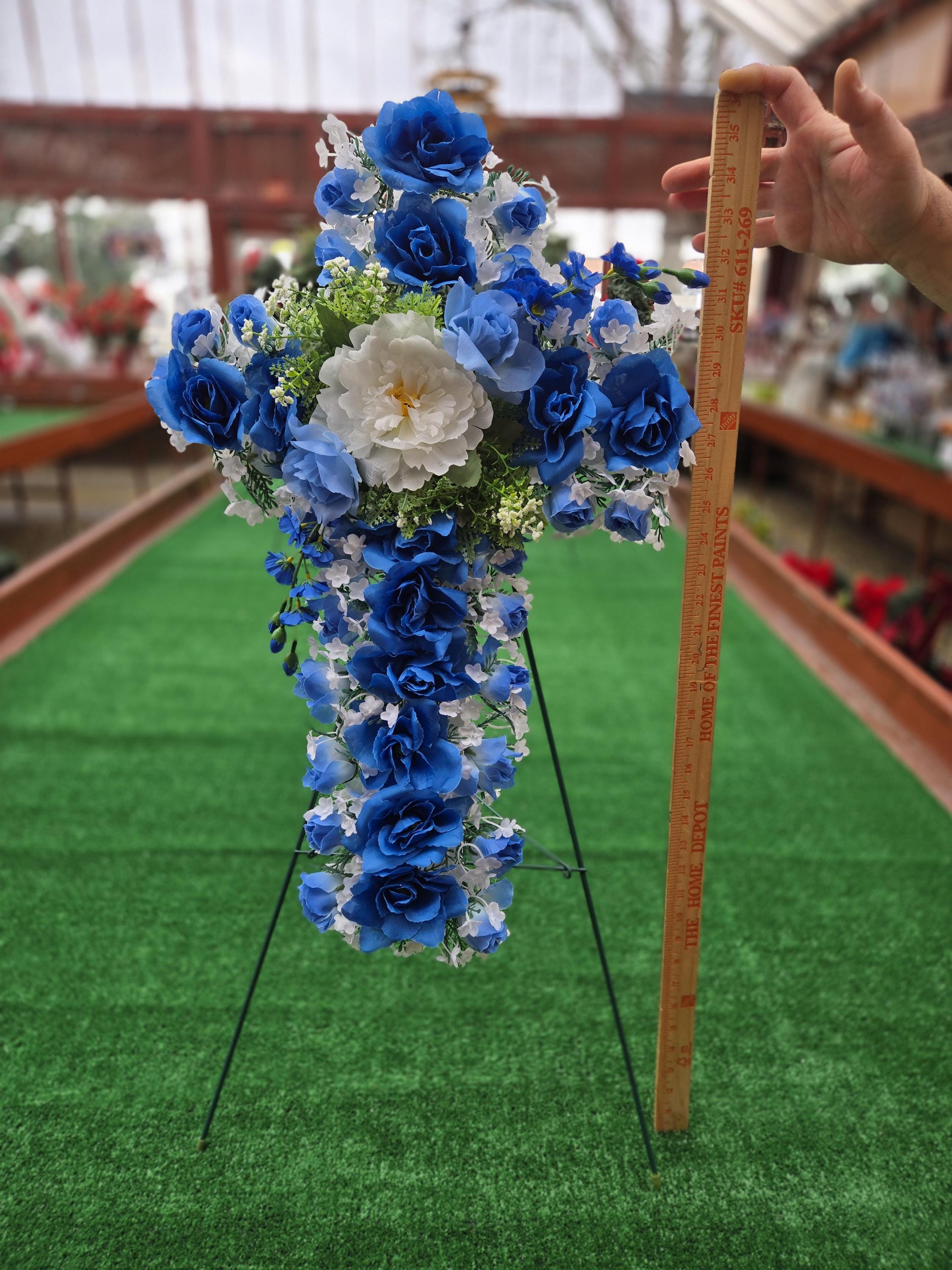 Cemetery Cross Flowers With Stand, Blue Silk Decoration (36") - Etsy