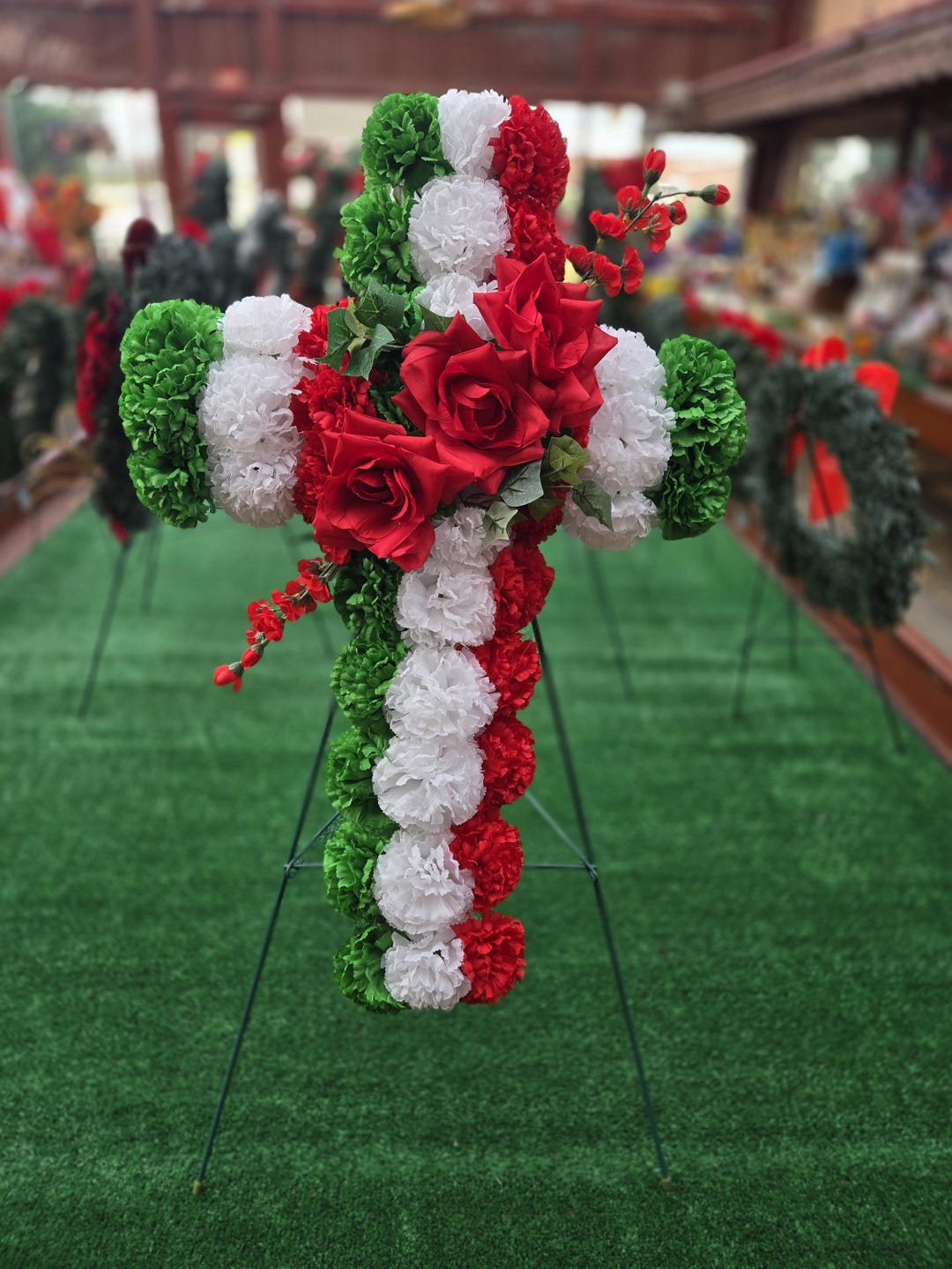 Italian Memorial Cross With Flowers on Stand, Funeral Remembrance ...