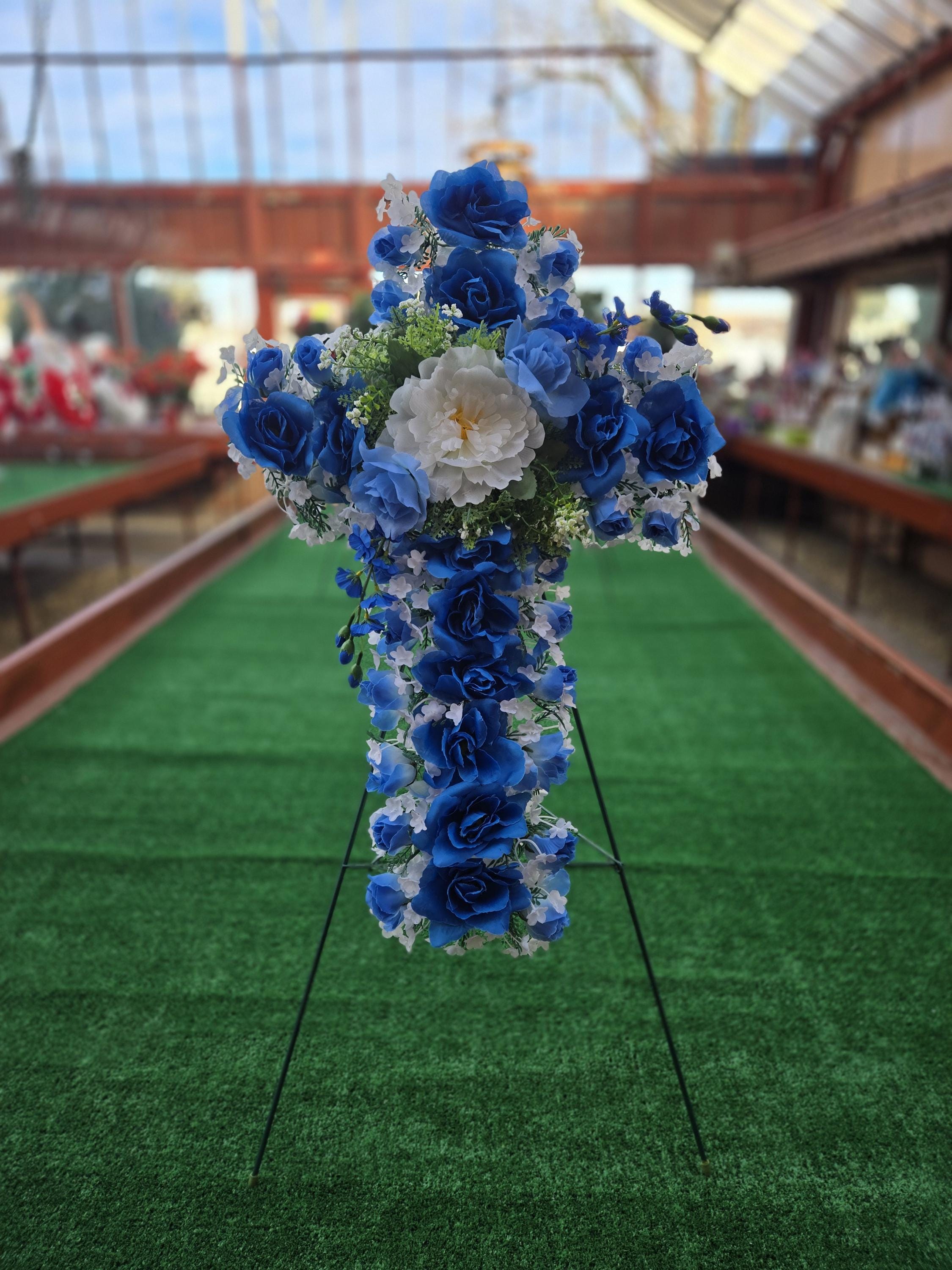 Cemetery Cross Flowers With Stand, Blue Silk Decoration (36") - Etsy