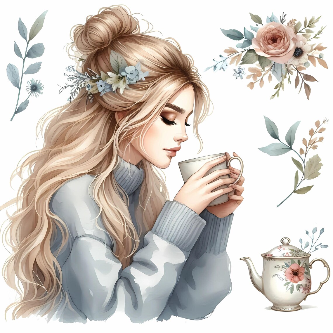 Watercolor Fashion Girl Clipart, 14 JPG High Resolution, Tea Time, Tea ...